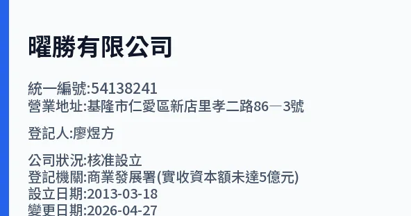 曜勝有限公司的照片-統編 54138241(基隆市) 公司登記資料與營業項目詳細圖表