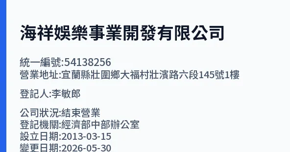 海祥娛樂事業開發有限公司的照片-統編 54138256(宜蘭縣) 公司登記資料與營業項目詳細圖表