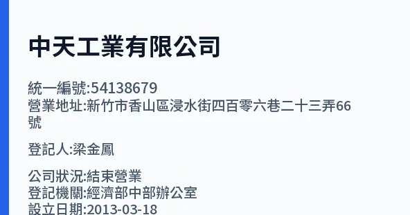 中天工業有限公司的照片-統編 54138679(新竹市) 公司登記資料與營業項目詳細圖表