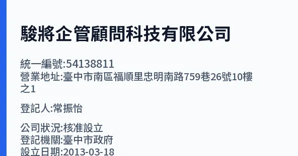 駿將企管顧問科技有限公司的照片-統編 54138811(臺中市) 公司登記資料與營業項目詳細圖表
