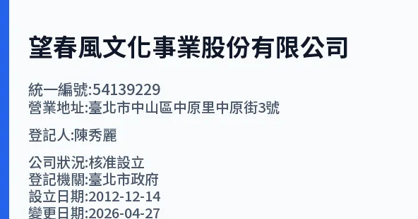 望春風文化事業股份有限公司的照片-統編 54139229(臺北市) 公司登記資料與營業項目詳細圖表