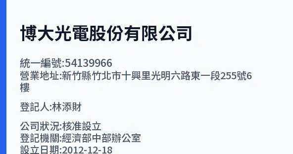 博大光電股份有限公司的照片-統編 54139966(新竹縣) 公司登記資料與營業項目詳細圖表