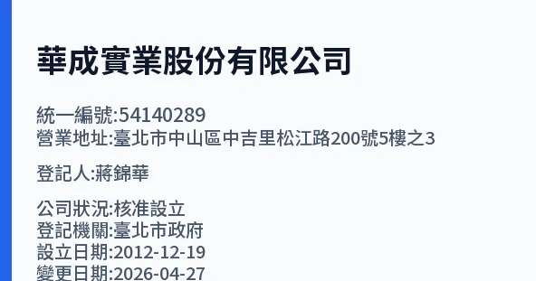 華成實業股份有限公司的照片-統編 54140289(臺北市) 公司登記資料與營業項目詳細圖表