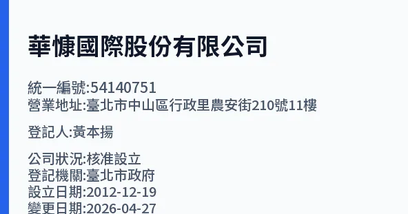 華慷國際股份有限公司的照片-統編 54140751(臺北市) 公司登記資料與營業項目詳細圖表