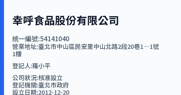 幸呼食品股份有限公司的照片-統編 54141040(臺北市) 公司登記資料與營業項目詳細圖表