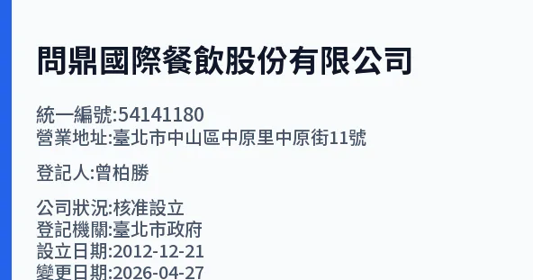 問鼎國際餐飲股份有限公司的照片-統編 54141180(臺北市) 公司登記資料與營業項目詳細圖表