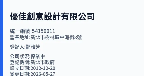 優佳創意設計有限公司的照片-統編 54150011(新北市) 公司登記資料與營業項目詳細圖表