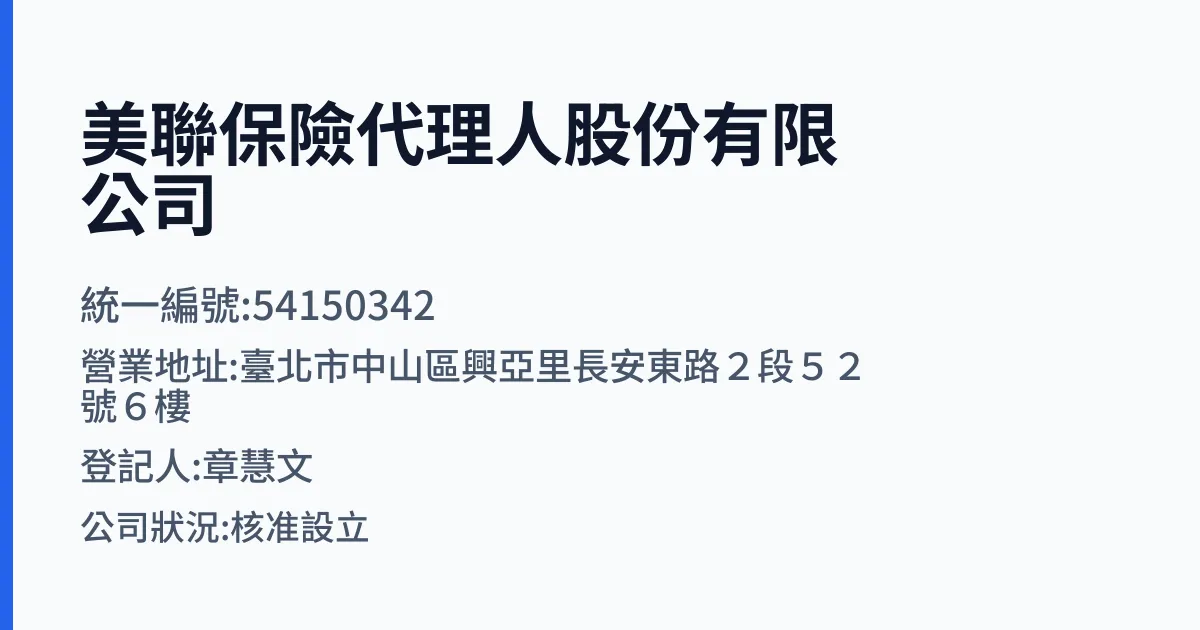 美聯保險代理人股份有限公司 - 統編 54150342(臺北市) 公司登記資料與營業項目詳細圖表