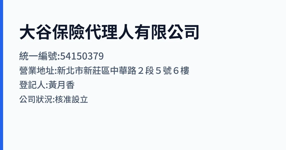 大谷保險代理人有限公司 - 統編 54150379(臺北市) 公司登記資料與營業項目詳細圖表