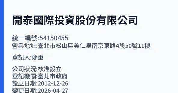 開泰國際投資股份有限公司的照片-統編 54150455(臺北市) 公司登記資料與營業項目詳細圖表