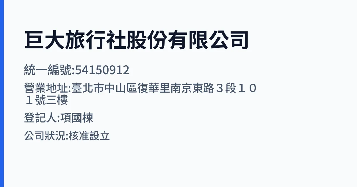 巨大旅行社股份有限公司 - 統編 54150912(臺北市) 公司登記資料與營業項目詳細圖表