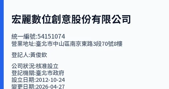 宏麗數位創意股份有限公司的照片-統編 54151074(臺北市) 公司登記資料與營業項目詳細圖表