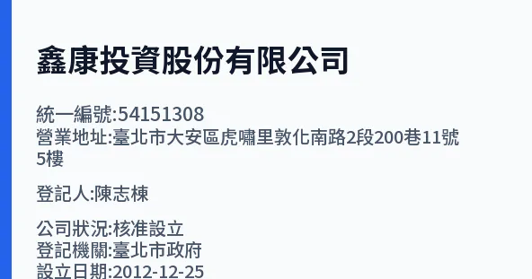 鑫康投資股份有限公司的照片-統編 54151308(臺北市) 公司登記資料與營業項目詳細圖表