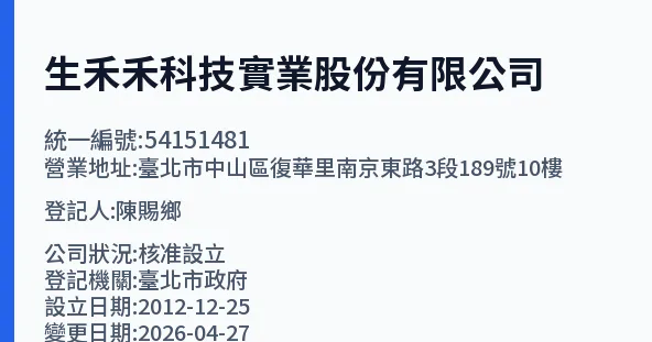 生禾禾科技實業股份有限公司的照片-統編 54151481(臺北市) 公司登記資料與營業項目詳細圖表