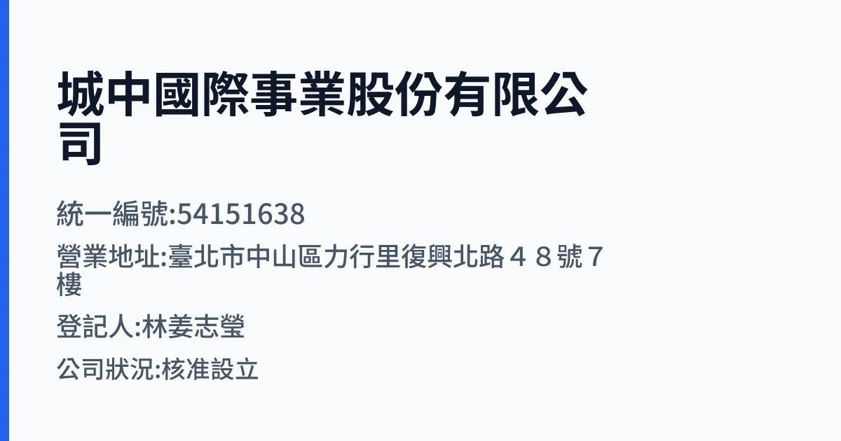 城中國際事業股份有限公司 - 統編 54151638(臺東縣) 公司登記資料與營業項目詳細圖表