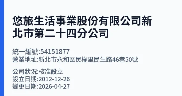 悠旅生活事業股份有限公司新北市第二十四分公司的照片-統編 54151877(新北市) 公司登記資料與營業項目詳細圖表
