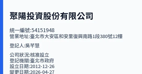 聚陽投資股份有限公司的照片-統編 54151948(臺北市) 公司登記資料與營業項目詳細圖表