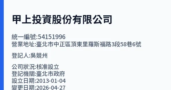 甲上投資股份有限公司的照片-統編 54151996(臺北市) 公司登記資料與營業項目詳細圖表