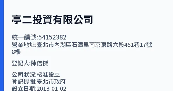 亭二投資有限公司的照片-統編 54152382(臺北市) 公司登記資料與營業項目詳細圖表