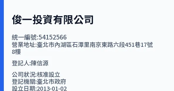 俊一投資有限公司的照片-統編 54152566(臺北市) 公司登記資料與營業項目詳細圖表