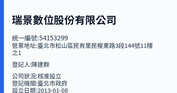 瑞景數位股份有限公司的照片-統編 54153299(臺北市) 公司登記資料與營業項目詳細圖表