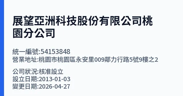 展望亞洲科技股份有限公司桃園分公司的照片-統編 54153848(桃園市) 公司登記資料與營業項目詳細圖表