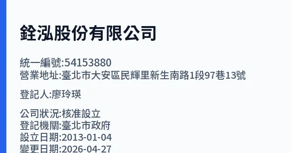 銓泓股份有限公司的照片-統編 54153880(臺北市) 公司登記資料與營業項目詳細圖表