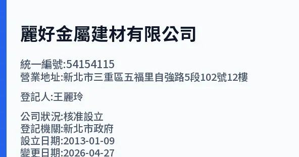麗好金屬建材有限公司的照片-統編 54154115(新北市) 公司登記資料與營業項目詳細圖表