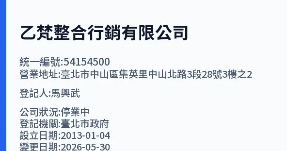 乙梵整合行銷有限公司的照片-統編 54154500(臺北市) 公司登記資料與營業項目詳細圖表