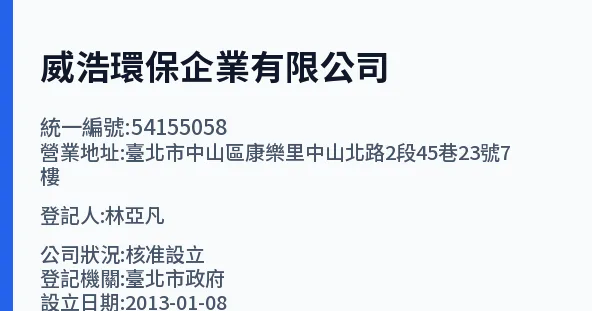 威浩環保企業有限公司的照片-統編 54155058(臺北市) 公司登記資料與營業項目詳細圖表