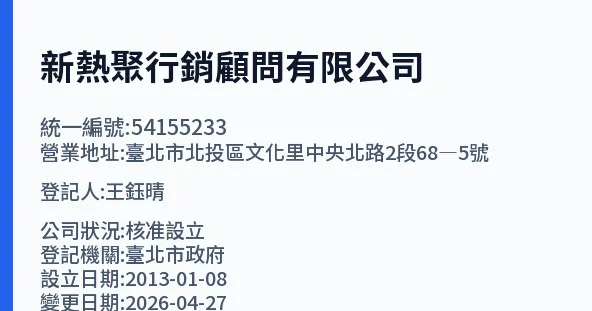 新熱聚行銷顧問有限公司的照片-統編 54155233(臺北市) 公司登記資料與營業項目詳細圖表