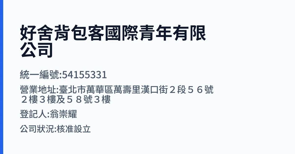 好舍背包客國際青年有限公司 - 統編 54155331(臺北市) 公司登記資料與營業項目詳細圖表