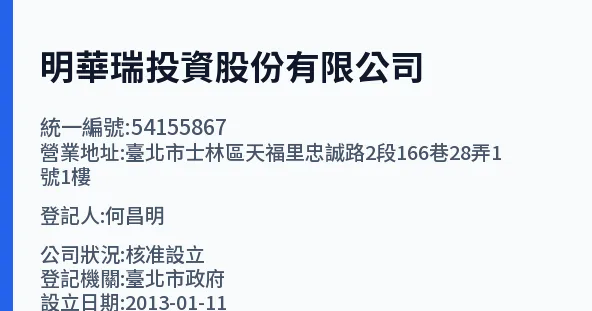 明華瑞投資股份有限公司的照片-統編 54155867(臺北市) 公司登記資料與營業項目詳細圖表
