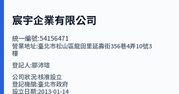 宸宇企業有限公司的照片-統編 54156471(臺北市) 公司登記資料與營業項目詳細圖表