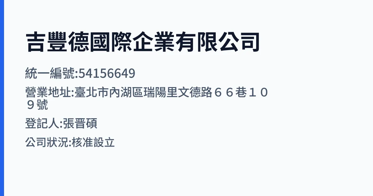 吉豐德國際企業有限公司 - 統編 54156649(臺北市) 公司登記資料與營業項目詳細圖表