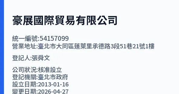 豪展國際貿易有限公司的照片-統編 54157099(臺北市) 公司登記資料與營業項目詳細圖表