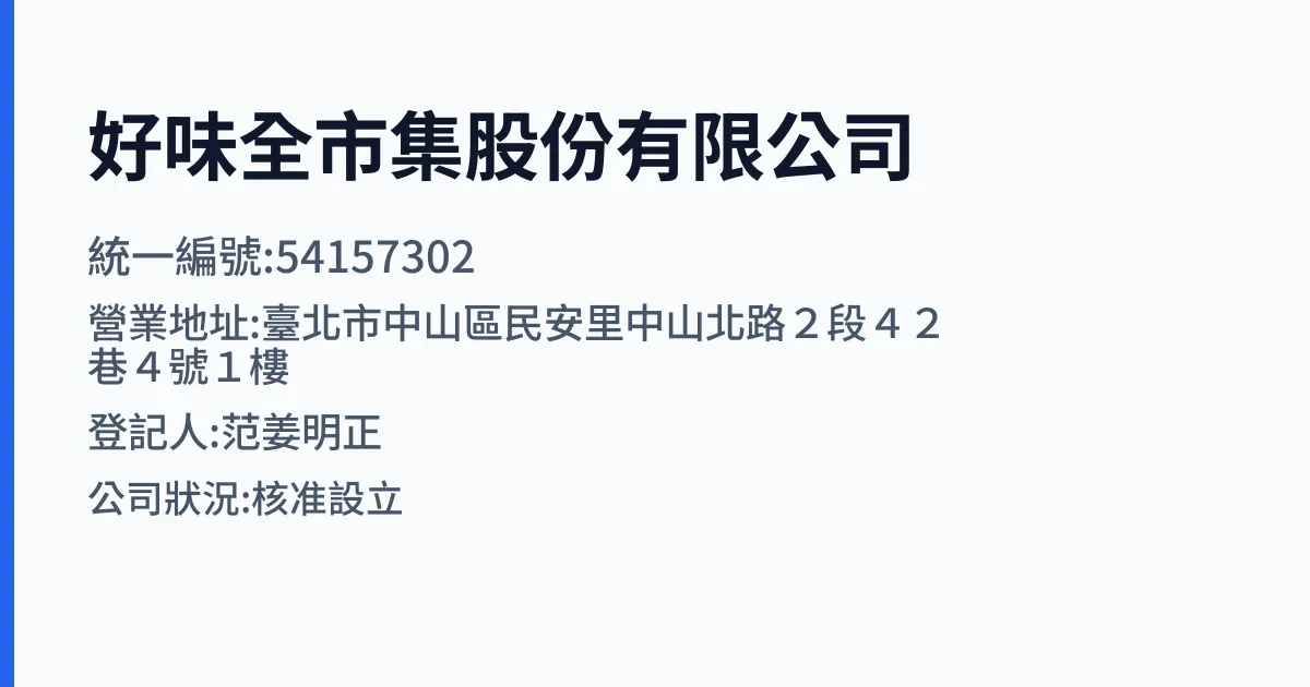 好味全市集股份有限公司 - 統編 54157302(臺北市) 公司登記資料與營業項目詳細圖表