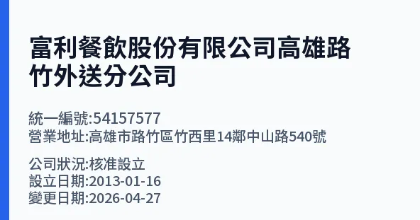 富利餐飲股份有限公司高雄路竹外送分公司的照片-統編 54157577(高雄市) 公司登記資料與營業項目詳細圖表