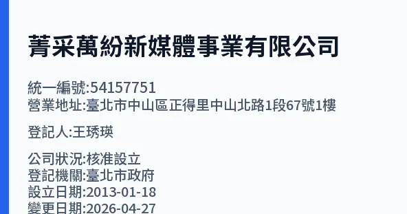 菁采萬紛新媒體事業有限公司的照片-統編 54157751(臺北市) 公司登記資料與營業項目詳細圖表