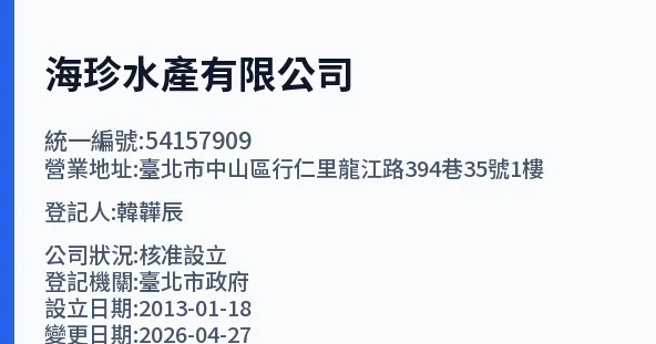 海珍水產有限公司的照片-統編 54157909(臺北市) 公司登記資料與營業項目詳細圖表