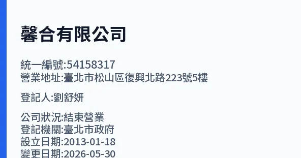 馨合有限公司的照片-統編 54158317(臺北市) 公司登記資料與營業項目詳細圖表