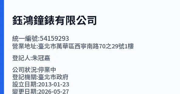 鈺鴻鐘錶有限公司的照片-統編 54159293(臺北市) 公司登記資料與營業項目詳細圖表