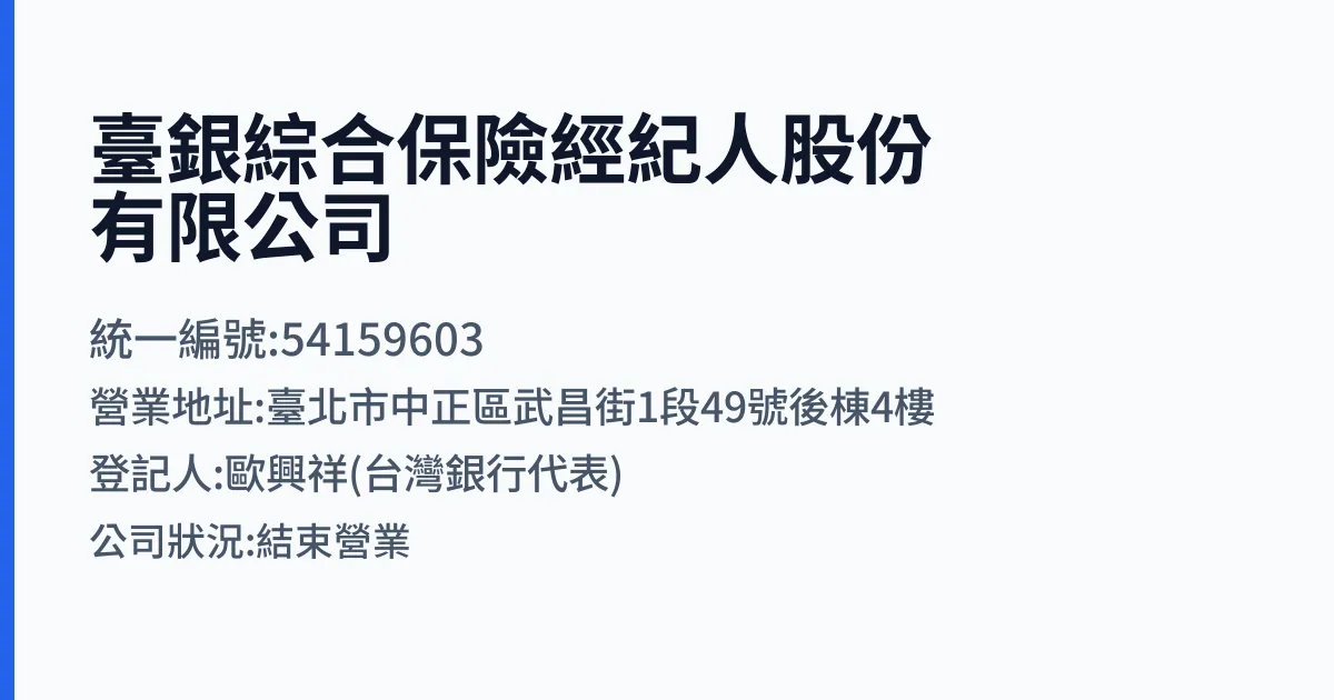 臺銀綜合保險經紀人股份有限公司 - 統編 54159603(臺北市) 公司登記資料與營業項目詳細圖表