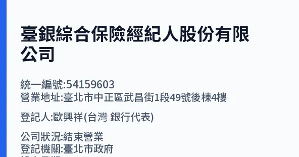 臺銀綜合保險經紀人股份有限公司的照片-統編 54159603(臺北市) 公司登記資料與營業項目詳細圖表
