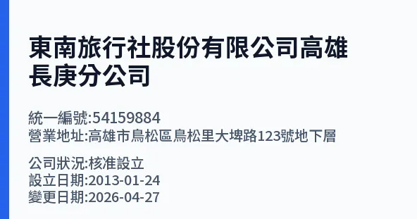 東南旅行社股份有限公司高雄長庚分公司的照片-統編 54159884(高雄市) 公司登記資料與營業項目詳細圖表