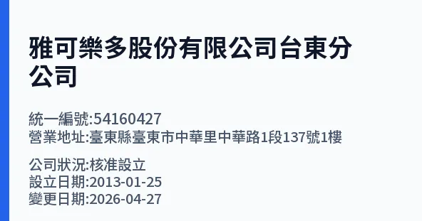 雅可樂多股份有限公司台東分公司的照片-統編 54160427(臺東縣) 公司登記資料與營業項目詳細圖表