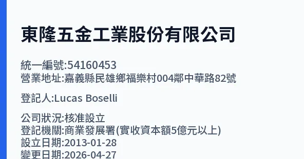 東隆五金工業股份有限公司的照片-統編 54160453(嘉義縣) 公司登記資料與營業項目詳細圖表