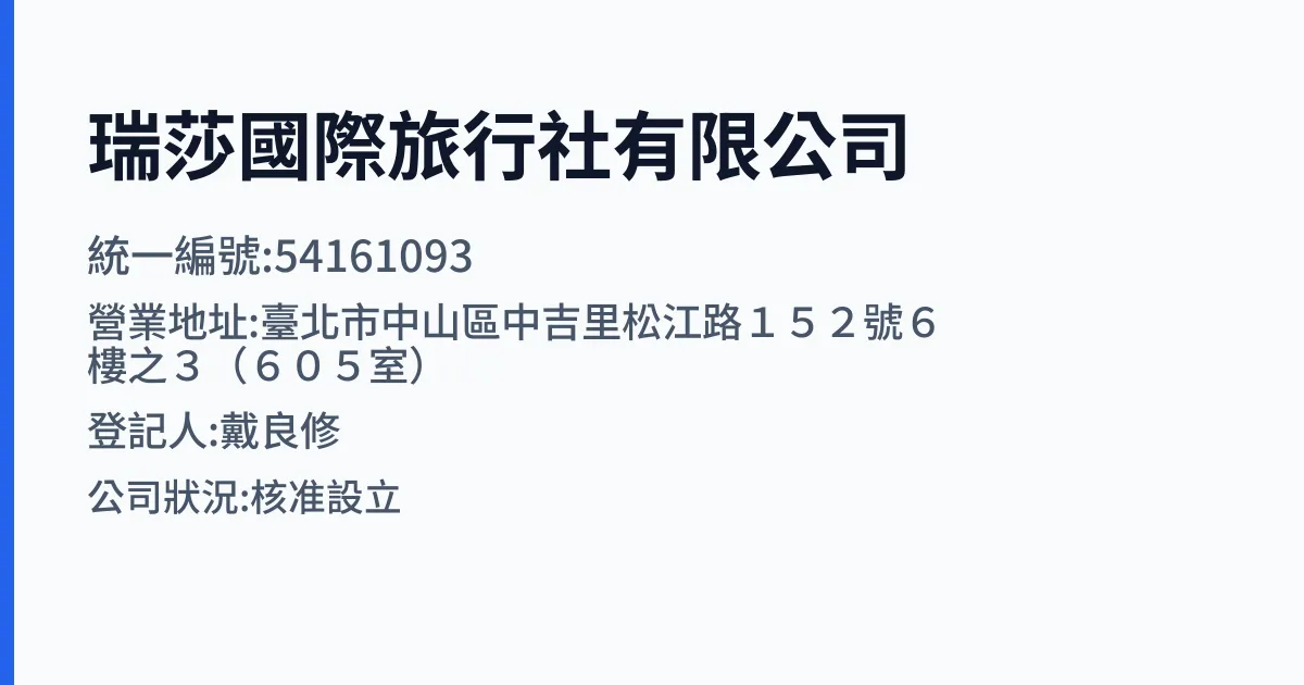 瑞莎國際旅行社有限公司 - 統編 54161093(臺北市) 公司登記資料與營業項目詳細圖表