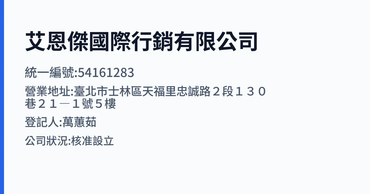 艾恩傑國際行銷有限公司 - 統編 54161283(臺北市) 公司登記資料與營業項目詳細圖表