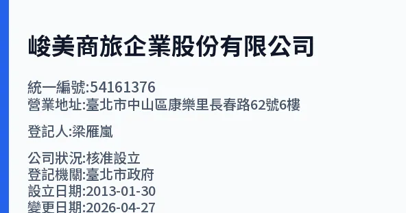 峻美商旅企業股份有限公司的照片-統編 54161376(臺北市) 公司登記資料與營業項目詳細圖表